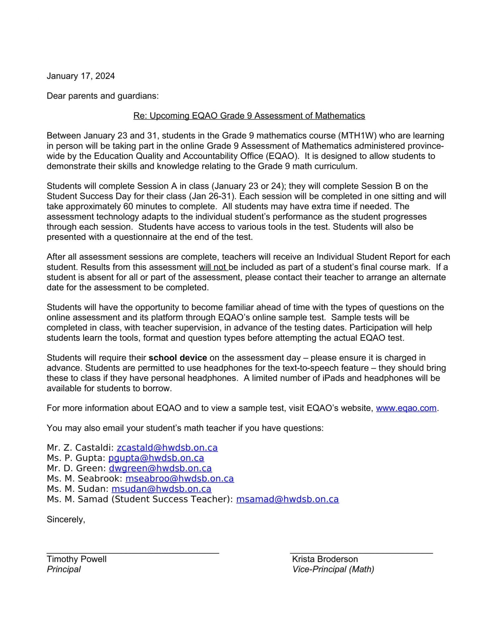 EQAO math admin letter HOME-1 | Bernie Custis Secondary School