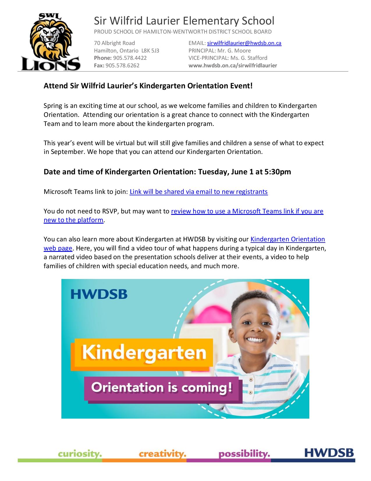 Kindergarten Orientation | Sir Wilfrid Laurier Elementary School