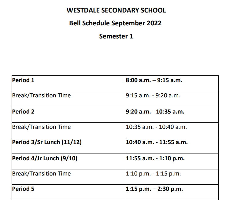 Class Schedule / Bell Times | Westdale Secondary School