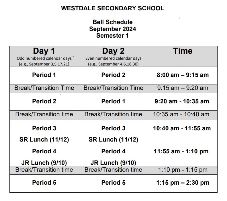 Class Schedule / Bell Times | Westdale Secondary School