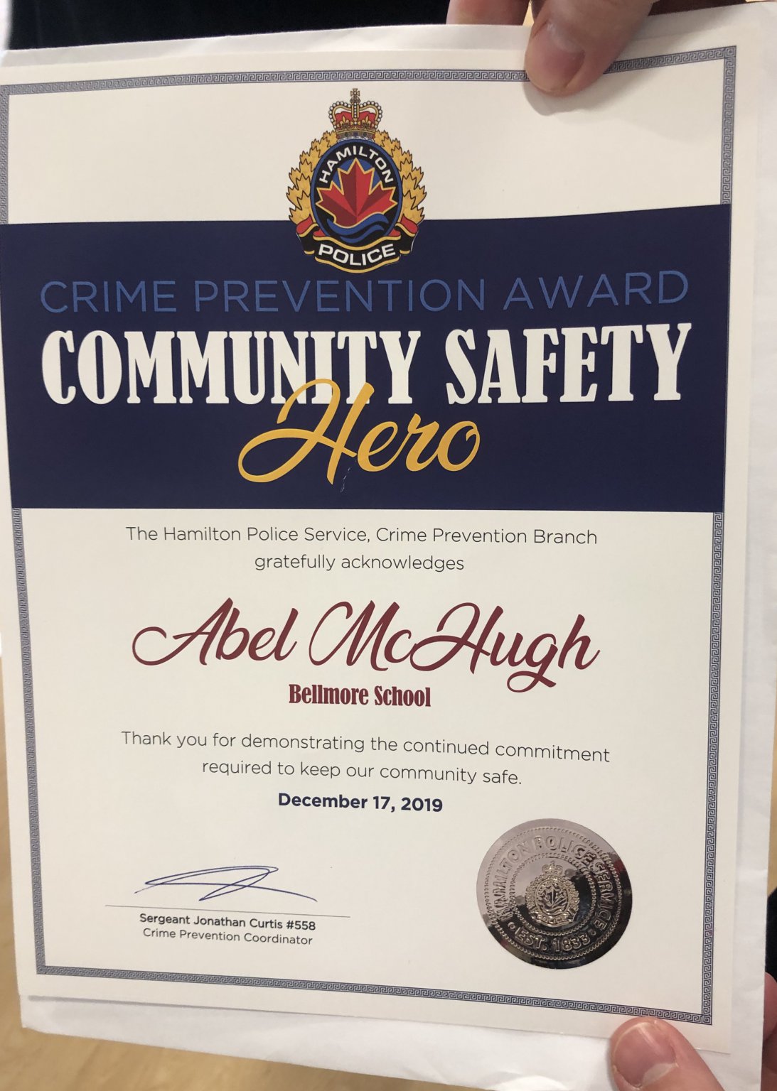 Bellmoore Elementary Grade 8 student Abel McHugh receives Community ...