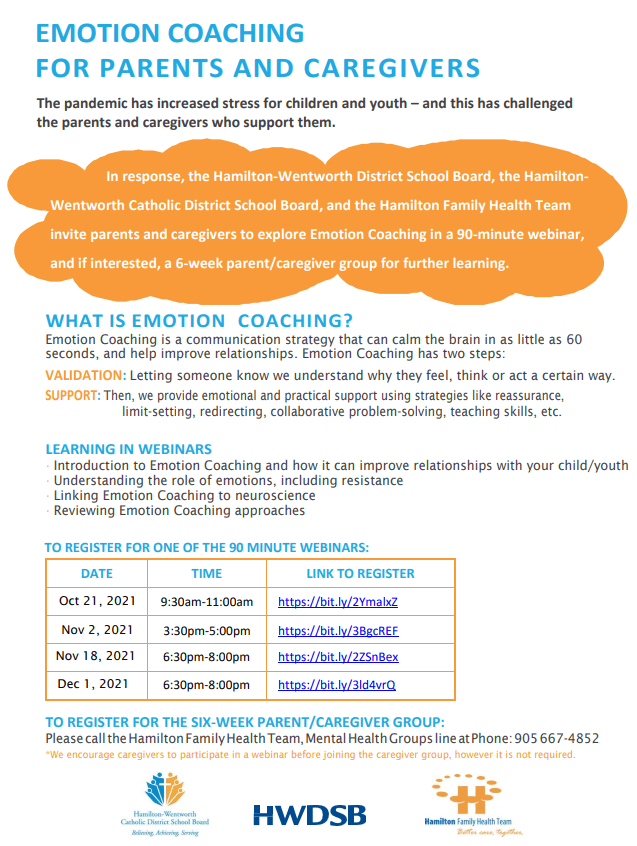Emotion Coaching for Parents and Caregivers – Fall 2021 | Hamilton ...